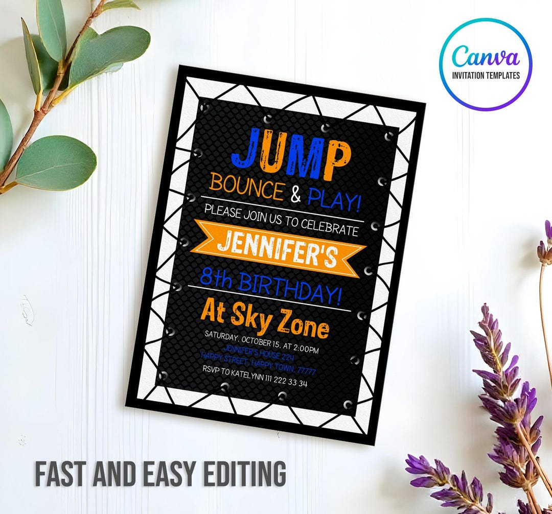 Editable Jump Invite, Trampoline Birthday Invitation, Boy Girl Birthday ...