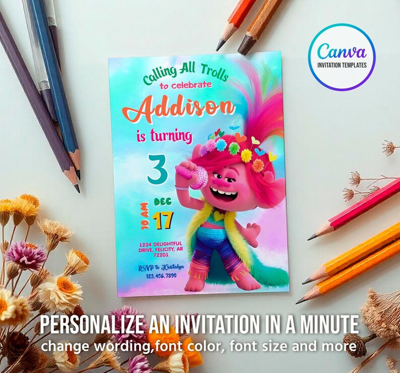 Editable Trolls Invite, Printable Birthday Invitation, Girl Birthday ...
