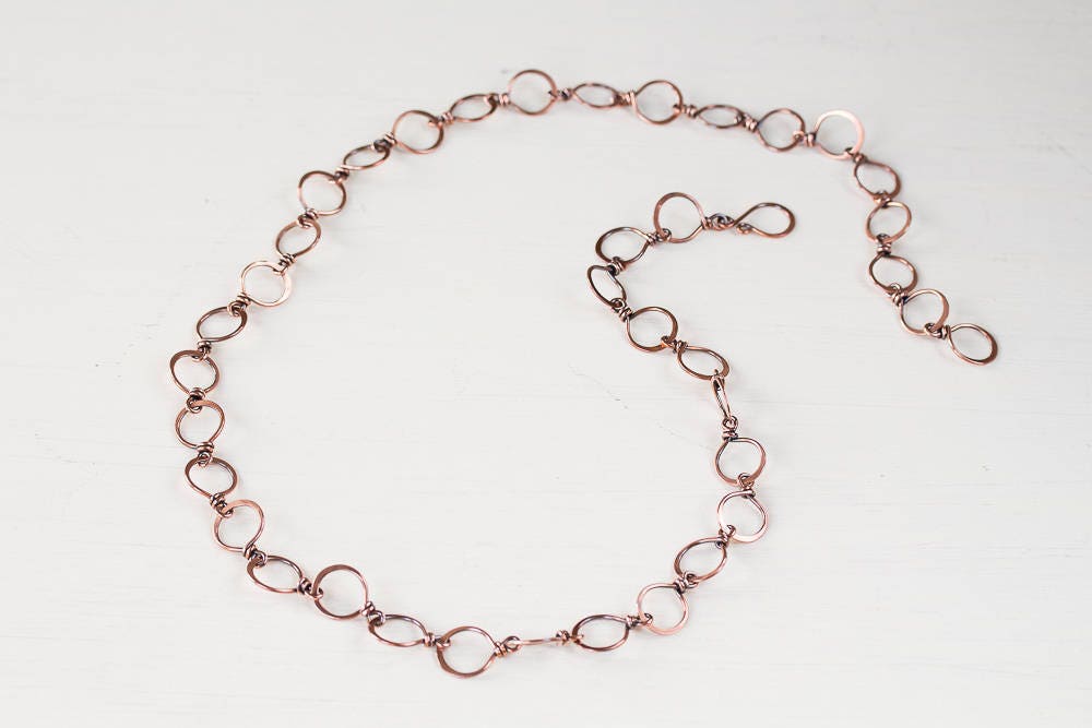 Large Hammered Copper Links Chain Necklace, Wire Wrapped Circle Links ...
