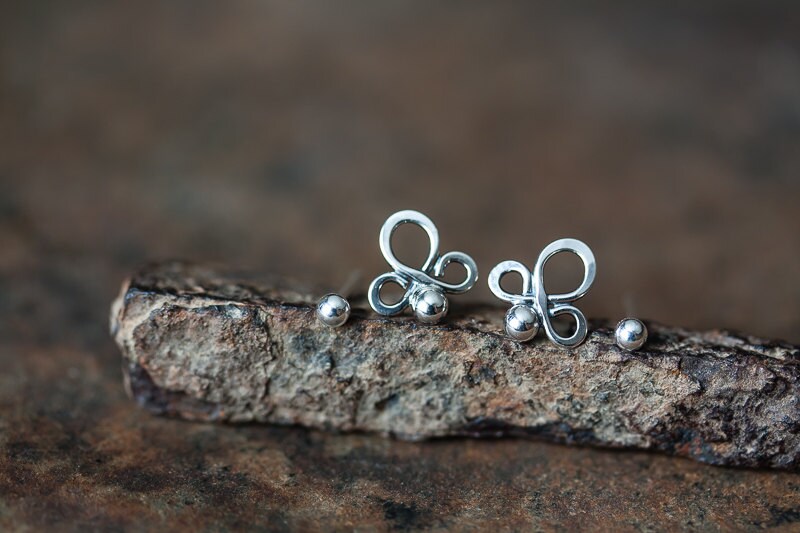 Double Piercing Earring Set, Abstract Sterling Silver Earrings, Tiny ...