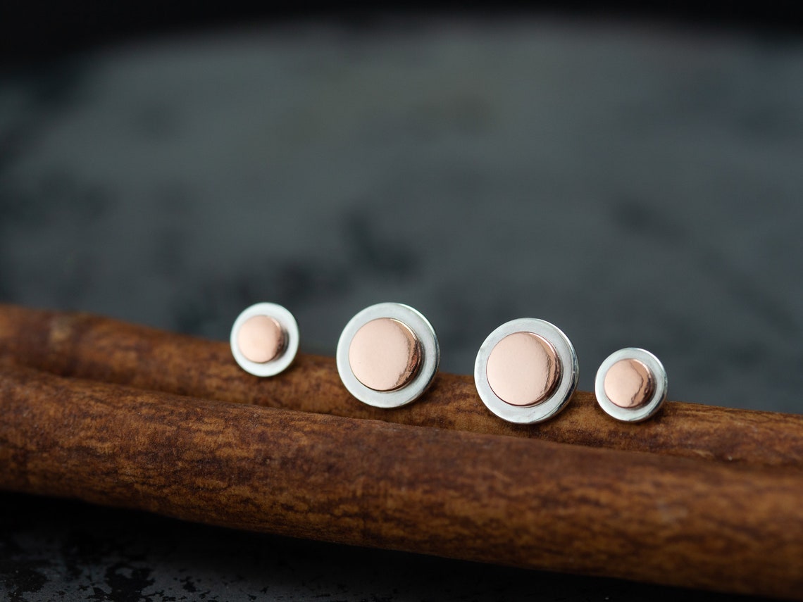 Stylish Double Piercing Earrings Set, Sterling Silver and Copper Stud ...