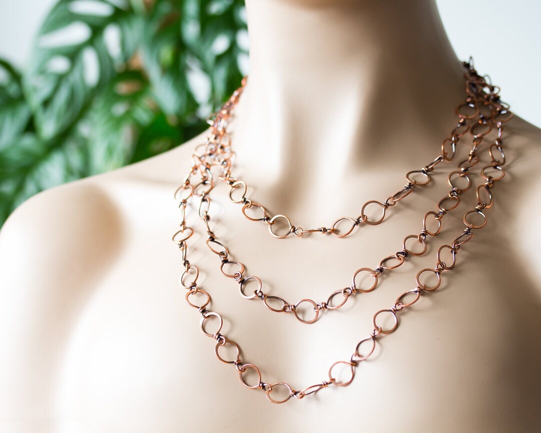 Large Hammered Copper Links Chain Necklace, Wire Wrapped Circle Links ...