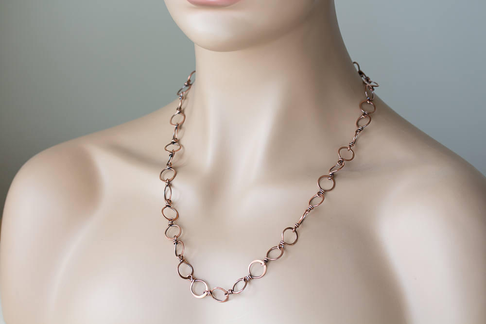 Large Hammered Copper Links Chain Necklace, Wire Wrapped Circle Links ...