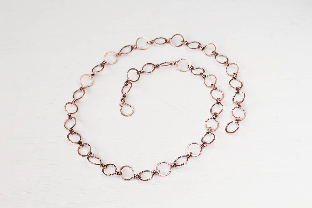 Large Hammered Copper Links Chain Necklace, Wire Wrapped Circle Links ...