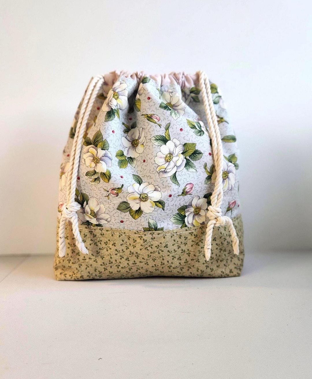 Drawstring Tote Bag: Floral, White Roses on Blue, Green Bottom and ...