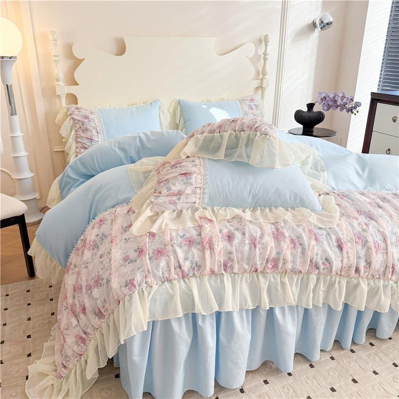 Pink French Princess Bedding Set: Washed Cotton Lace Embroidery - Etsy