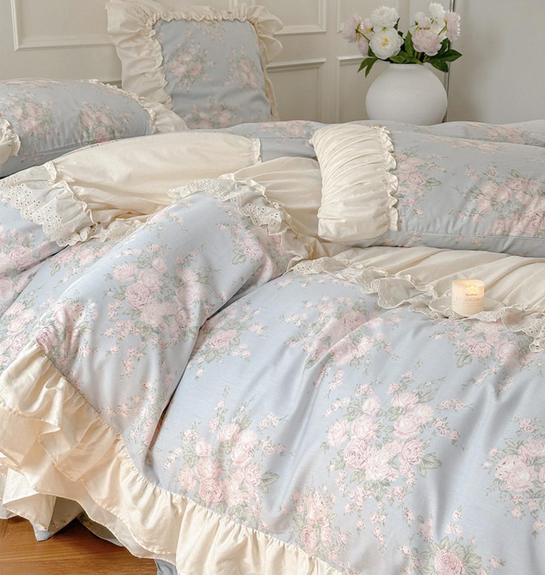 Vintage French Cotton Bedding Set: Elegant Quilt Cover & Bed Skirt - Etsy