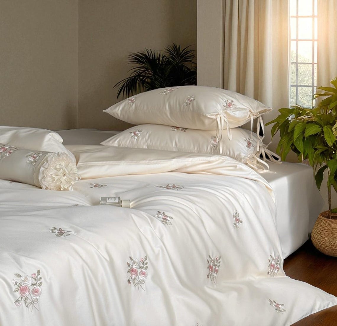 Handmade Embroidered Cotton Bedding Set: Elegant White Quilt Cover Only ...
