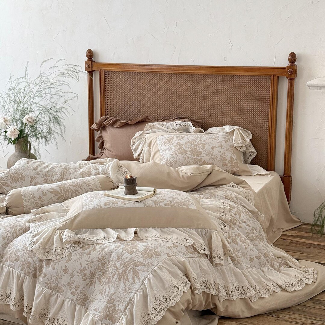French Cream Floral Cotton Bedding Set: Ruffled Lace Princess Style - Etsy
