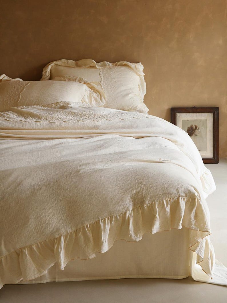 French Cream White Cotton Bedding Set: Romantic Lace Quilt Cover - Etsy