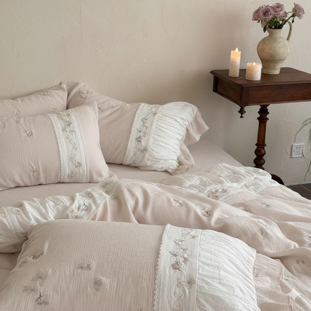Vintage French Bedding Set: Embroidered Lace, Crinkle Cotton (double to ...