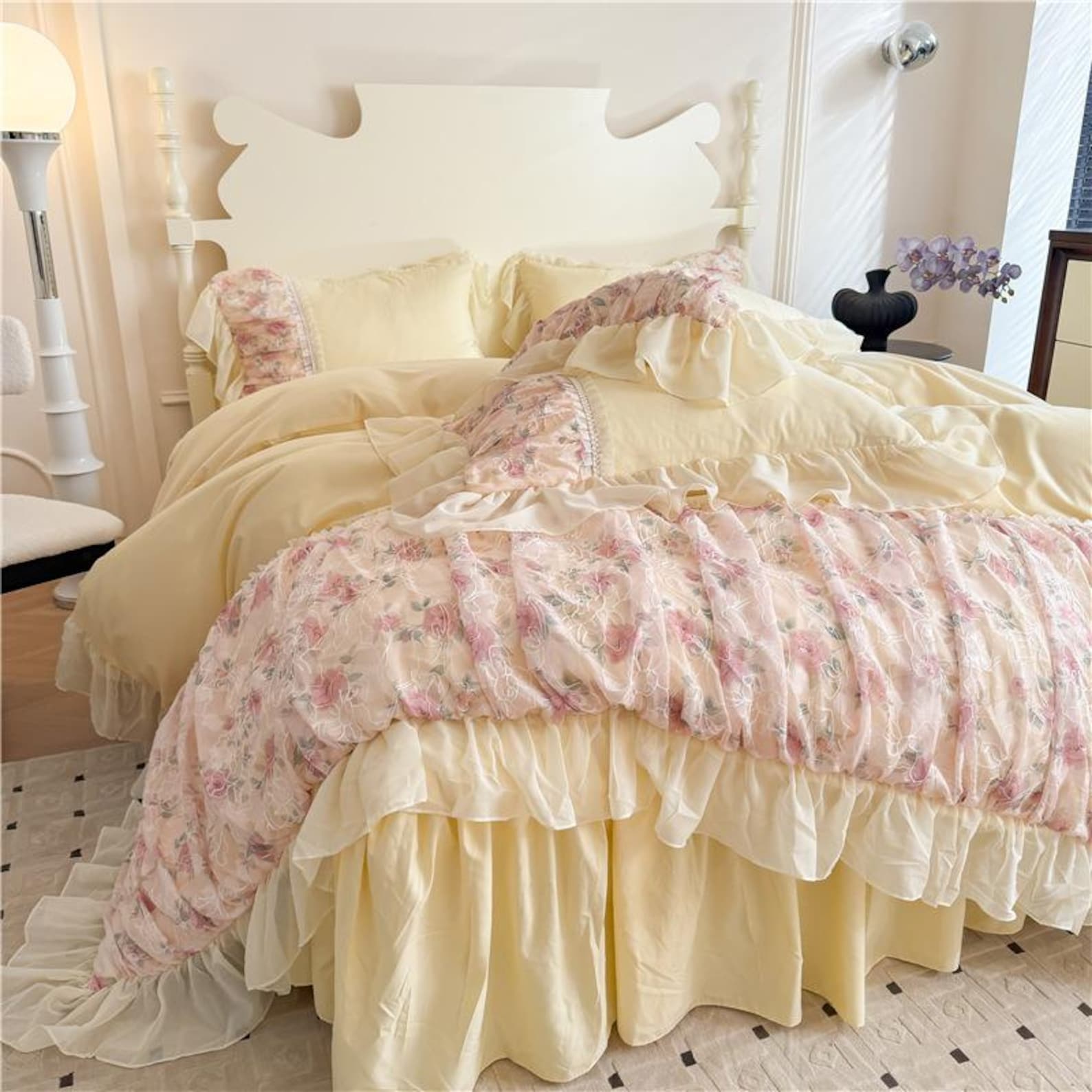 Pink French Princess Bedding Set: Washed Cotton Lace Embroidery - Etsy ...