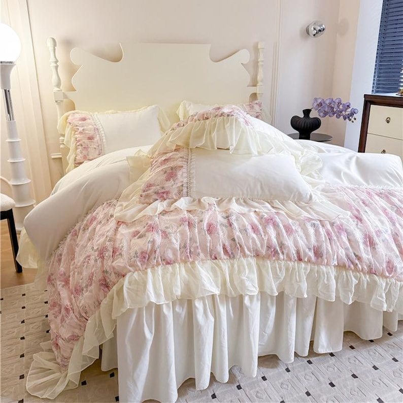 Pink French Princess Bedding Set: Washed Cotton Lace Embroidery - Etsy ...