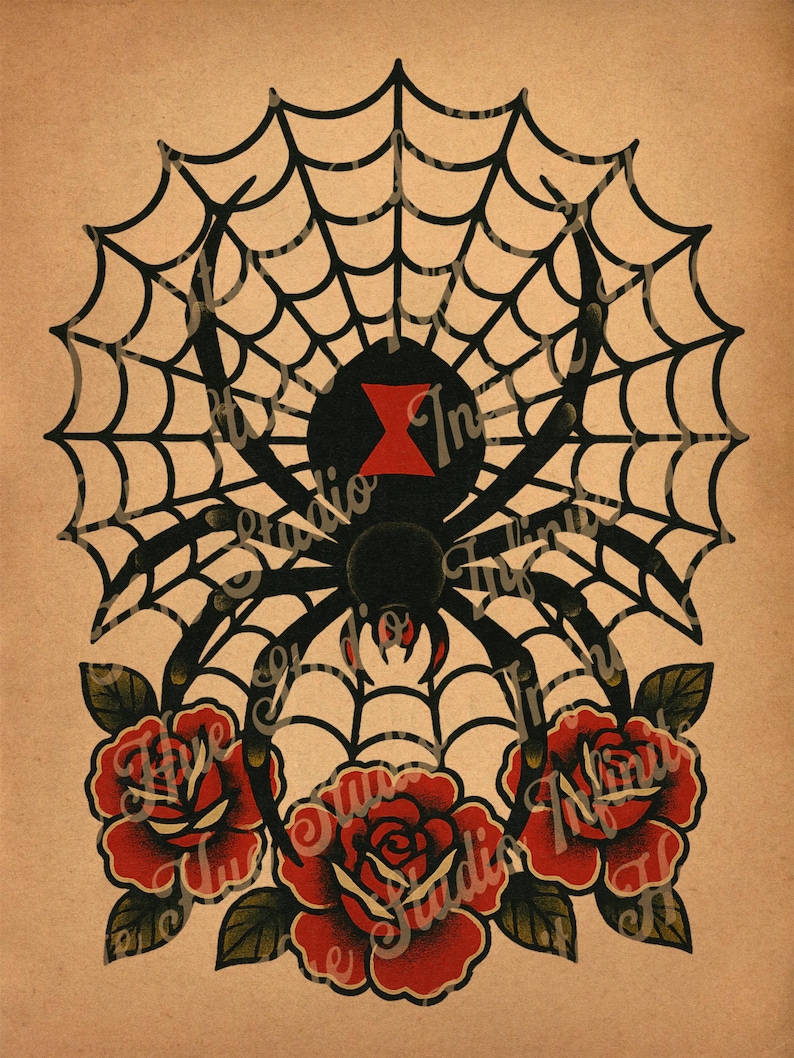Black Widow Spider & Roses Tattoo Flash Poster – Old School American ...