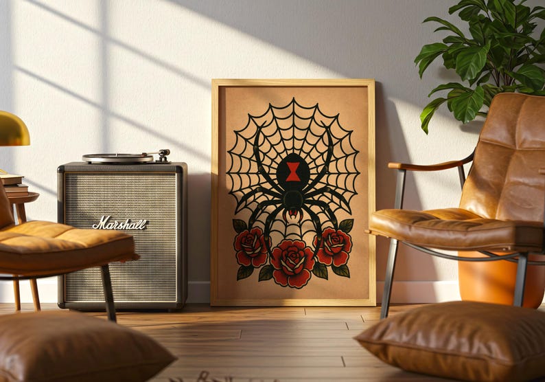 Black Widow Spider & Roses Tattoo Flash Poster – Old School American ...