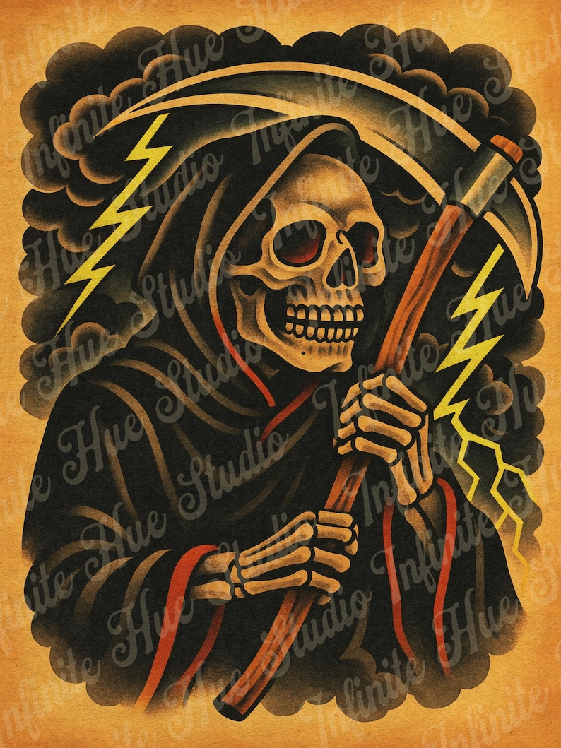 Grim Reaper Traditional Tattoo Flash Poster: Vintage Skeleton Art Print ...