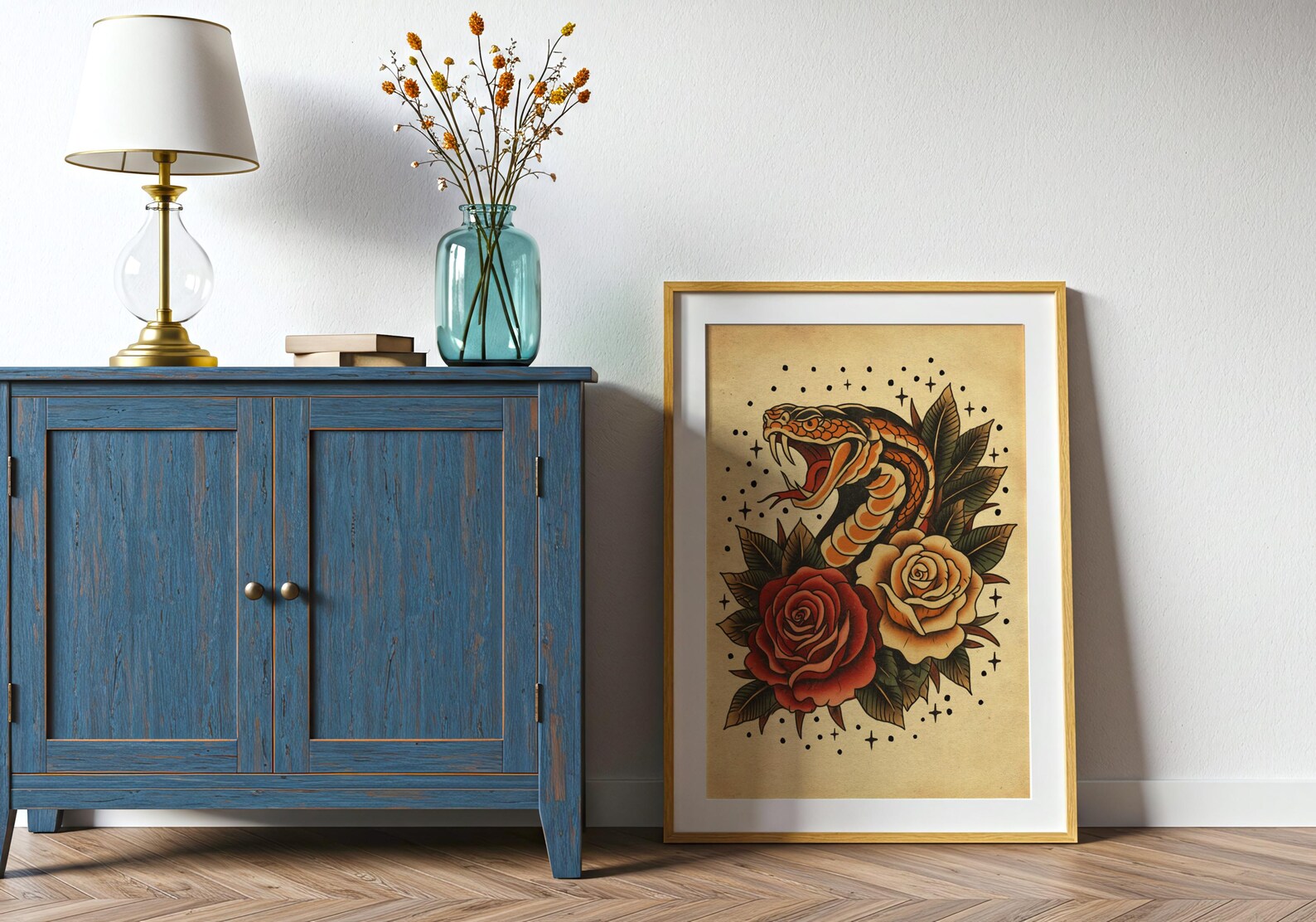 Traditional Cobra Tattoo Flash Digital Download, Cobra & Roses Design ...