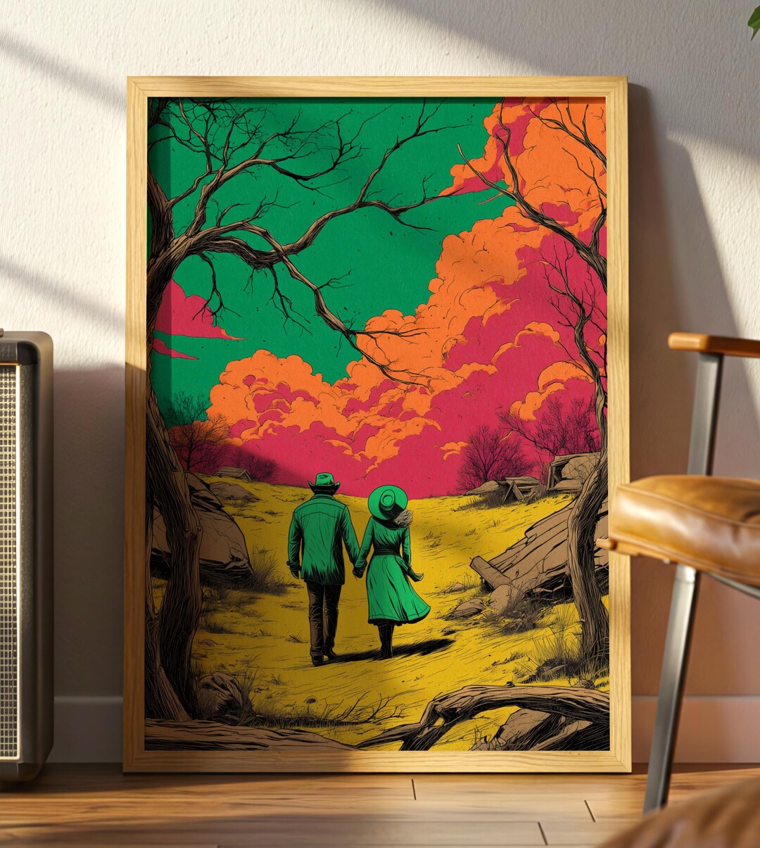 Psychedelic Western Art Print: Surreal Couple Under Colorful Skies - Etsy