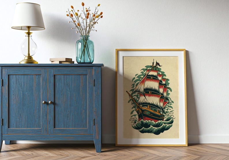 Sailor Ship Tattoo Art Print: Classic Nautical Flash Artwork - Etsy