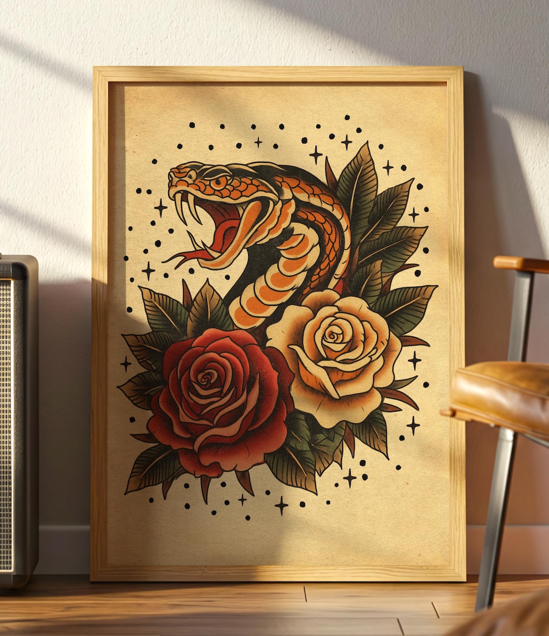 Cobra Tattoo Flash Poster: Vintage Snake & Roses Art - Etsy