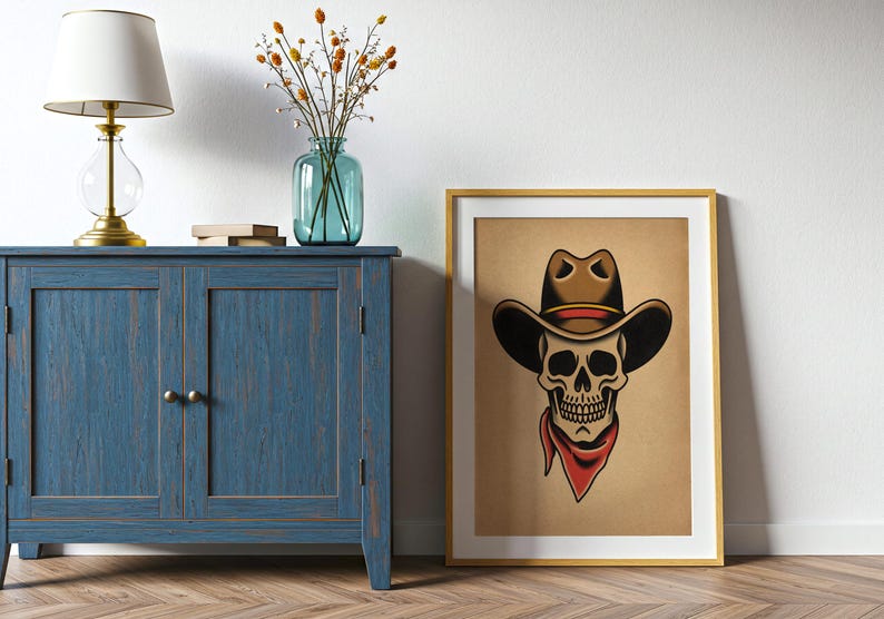 Cowboy Skull Tattoo Flash Art Print: Western Skeleton With Bandana - Etsy