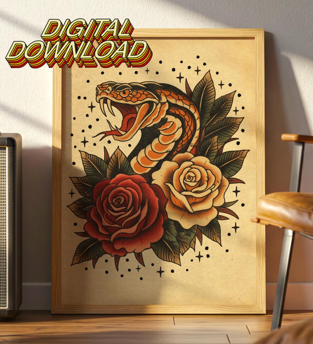 Traditional Cobra Tattoo Flash Digital Download, Cobra & Roses Design ...
