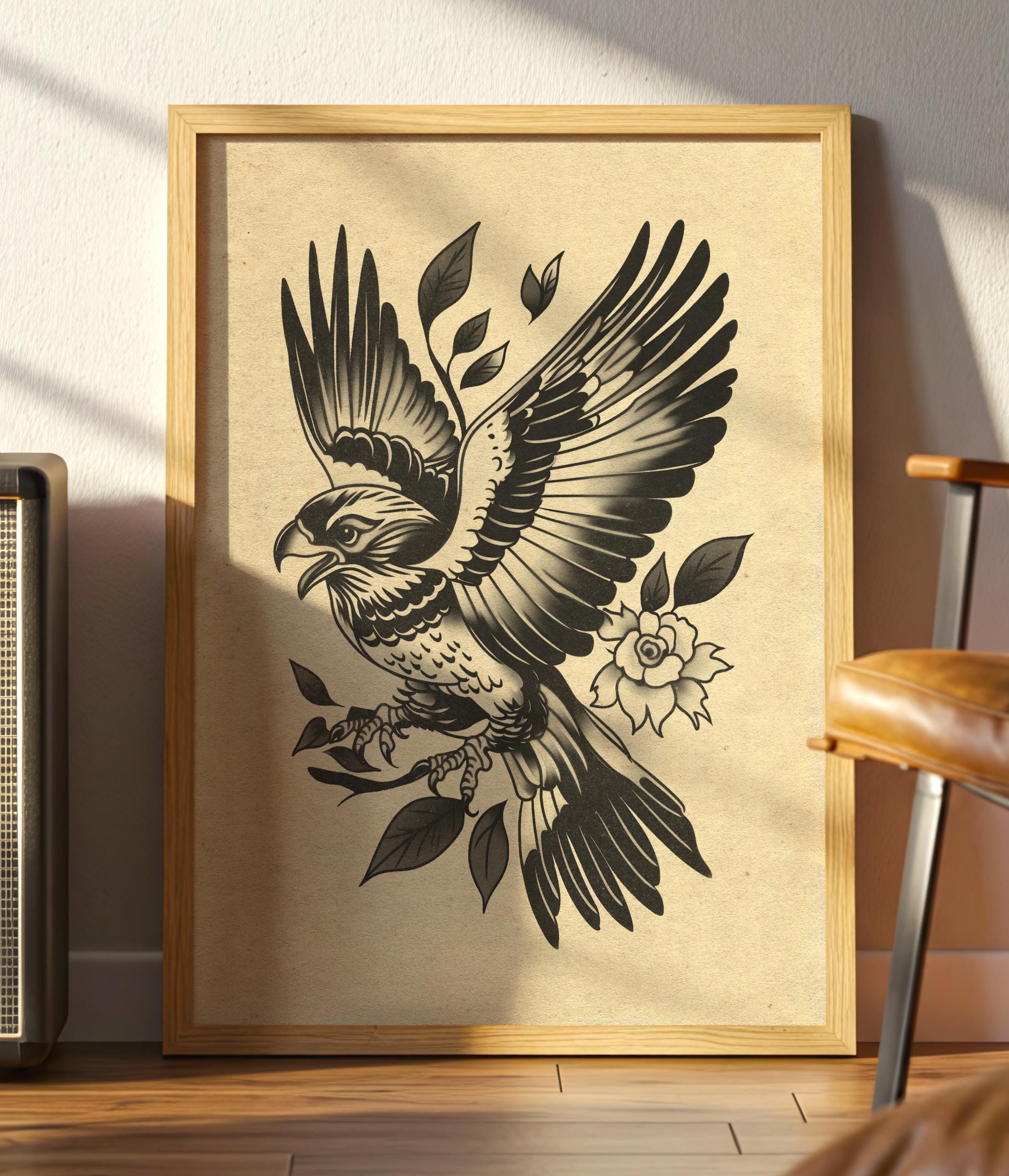 Traditional Hawk Tattoo Poster: Black & Grey Flash Art Print - Etsy