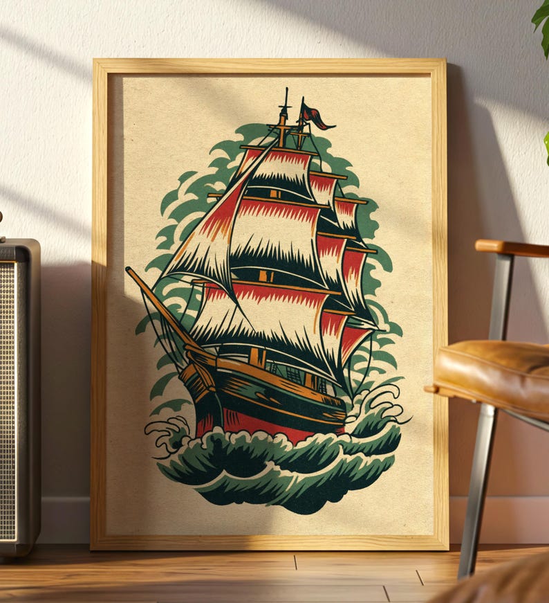 Sailor Ship Tattoo Art Print: Classic Nautical Flash Artwork - Etsy