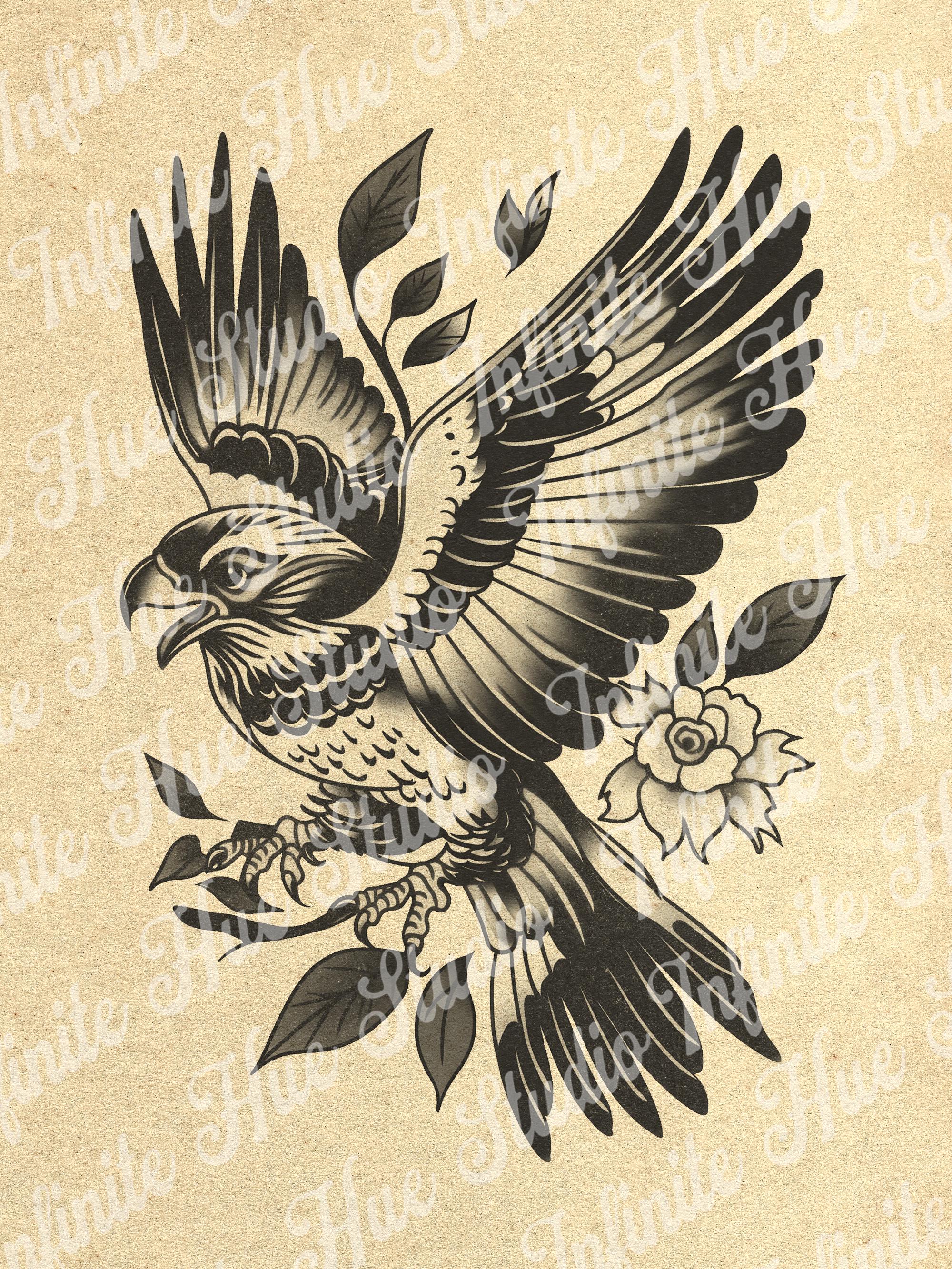 Traditional Hawk Tattoo Poster: Black & Grey Flash Art Print - Etsy