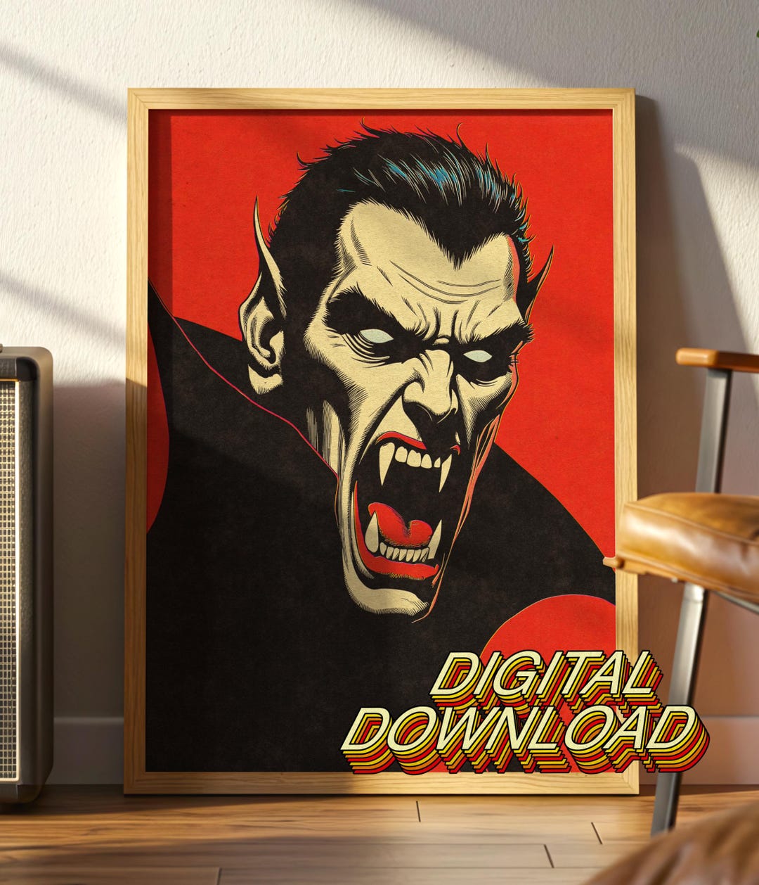 Retro Vampire Illustration: Bold Red & Black Dracula Comic Art (digital ...