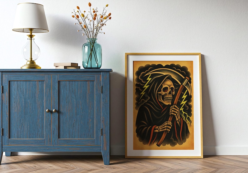 Grim Reaper Traditional Tattoo Flash Poster: Vintage Skeleton Art Print ...