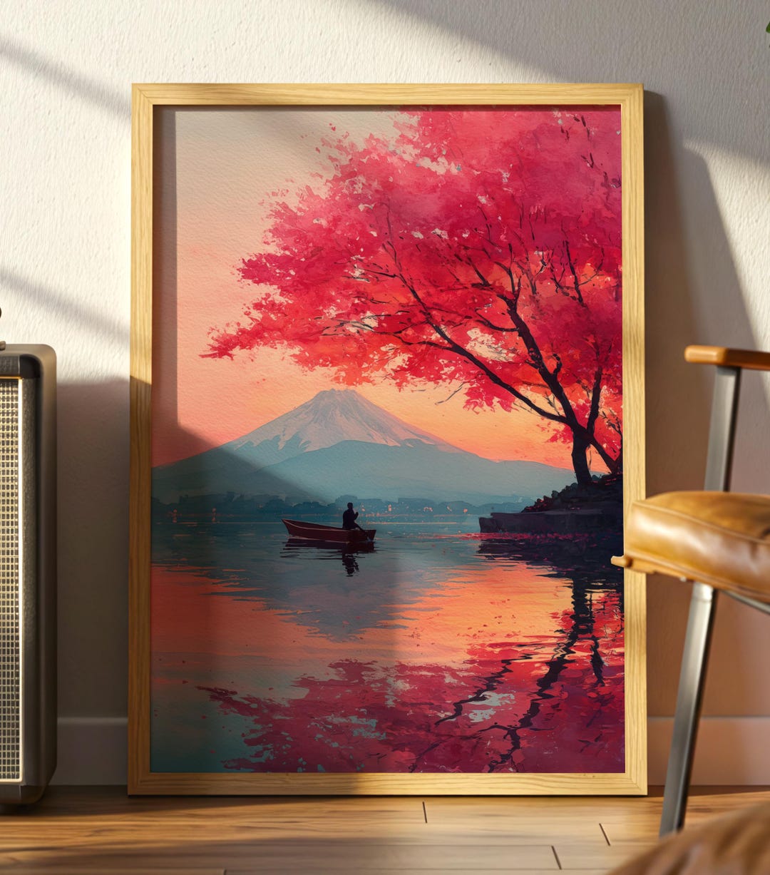 Mount Fuji, Tranquil Sunset, Japanese Rowboat, Landscape, Watercolor ...