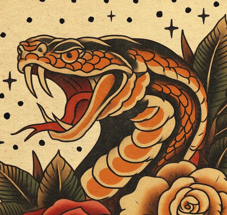 Cobra and Roses Tattoo Flash Art Print, Old School Snake Design ...