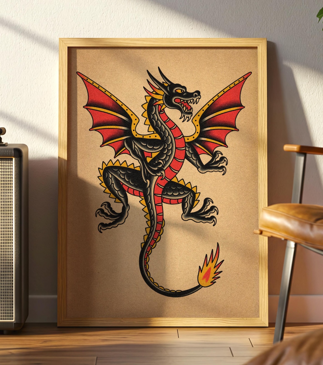 Traditional Tattoo Flash Dragon Poster, Bold Red and Black Vintage ...