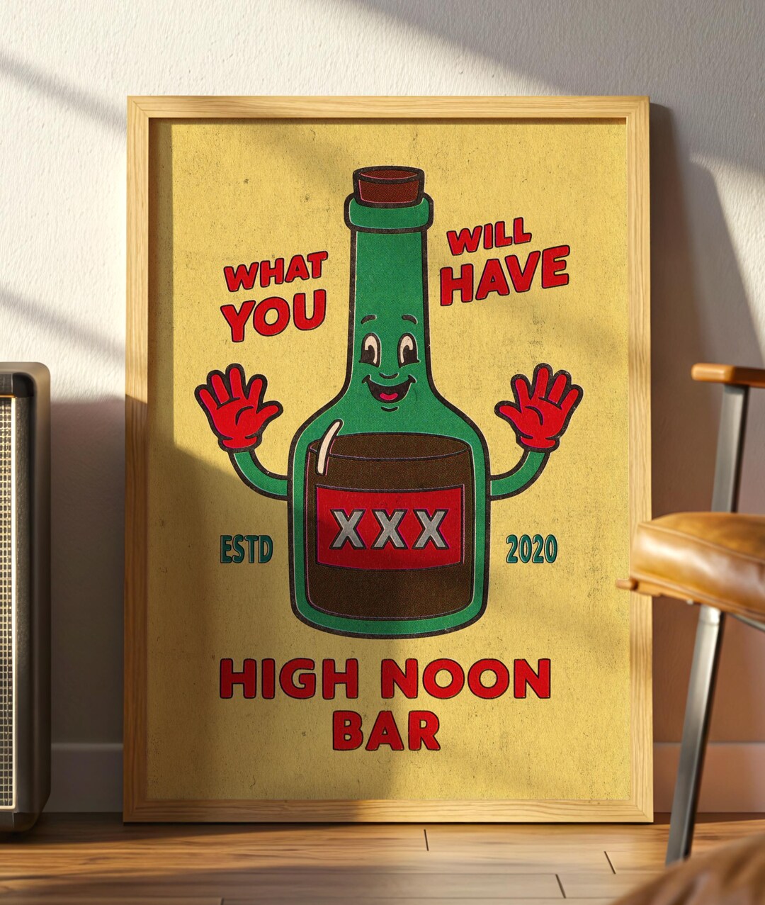 Vintage High Noon Bar Poster – Retro Cartoon Whiskey Bottle Art Print ...