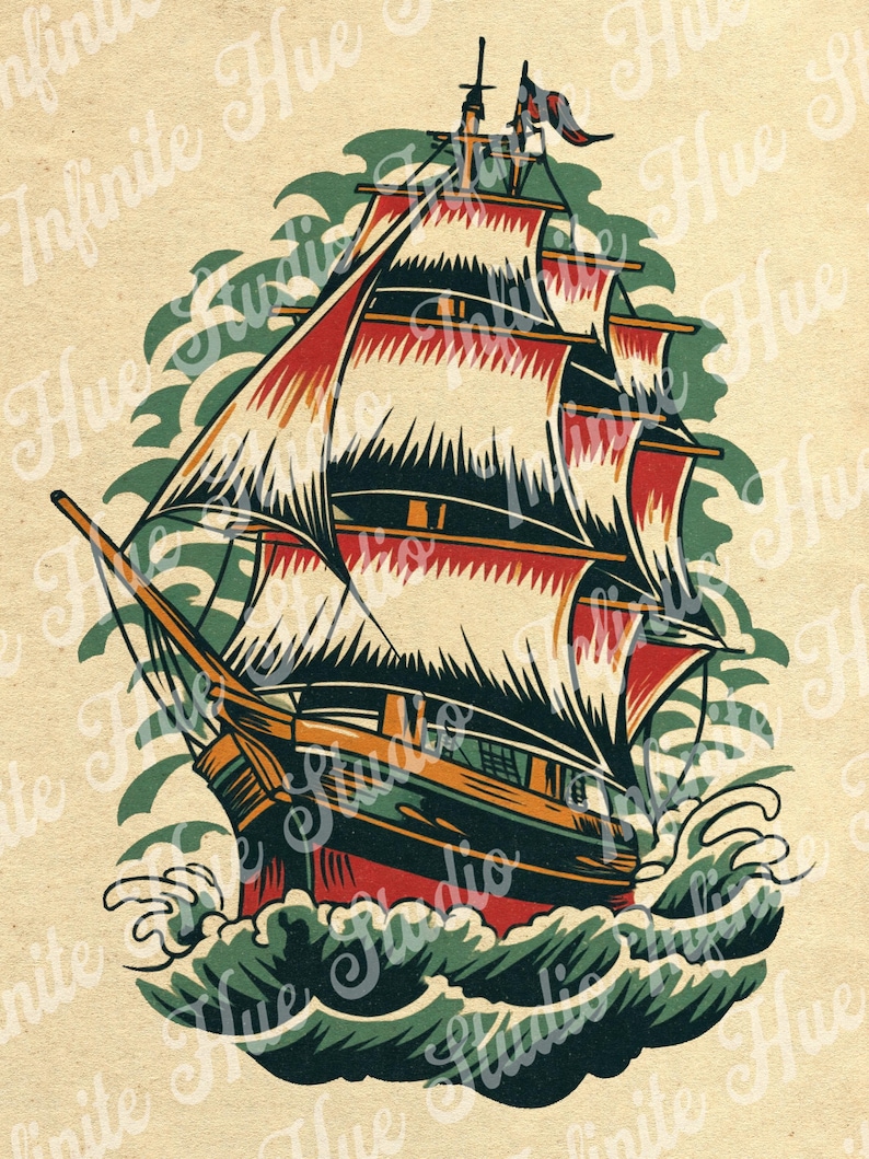 Sailor Ship Tattoo Art Print: Classic Nautical Flash Artwork - Etsy