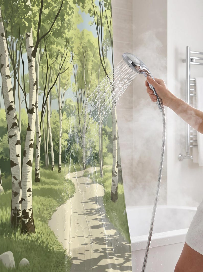 Birch Tree Forest Path Shower Curtain – Rustic Woodland Bathroom Decor ...