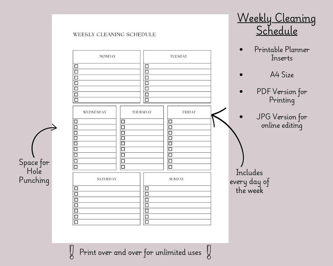 Weekly Cleaning Schedule, A4, Printable PDF, Instant Download, Planner ...
