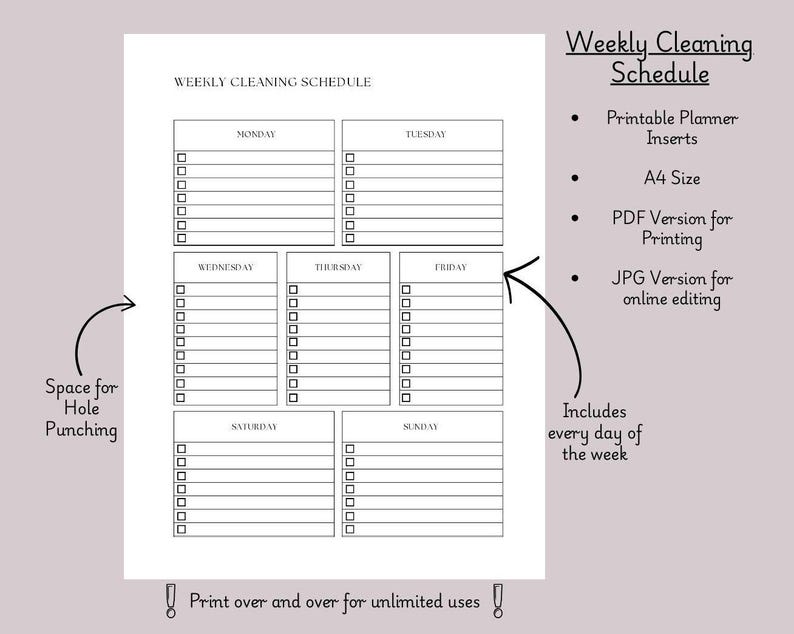 Weekly Cleaning Schedule, A4, Printable PDF, Instant Download, Planner ...