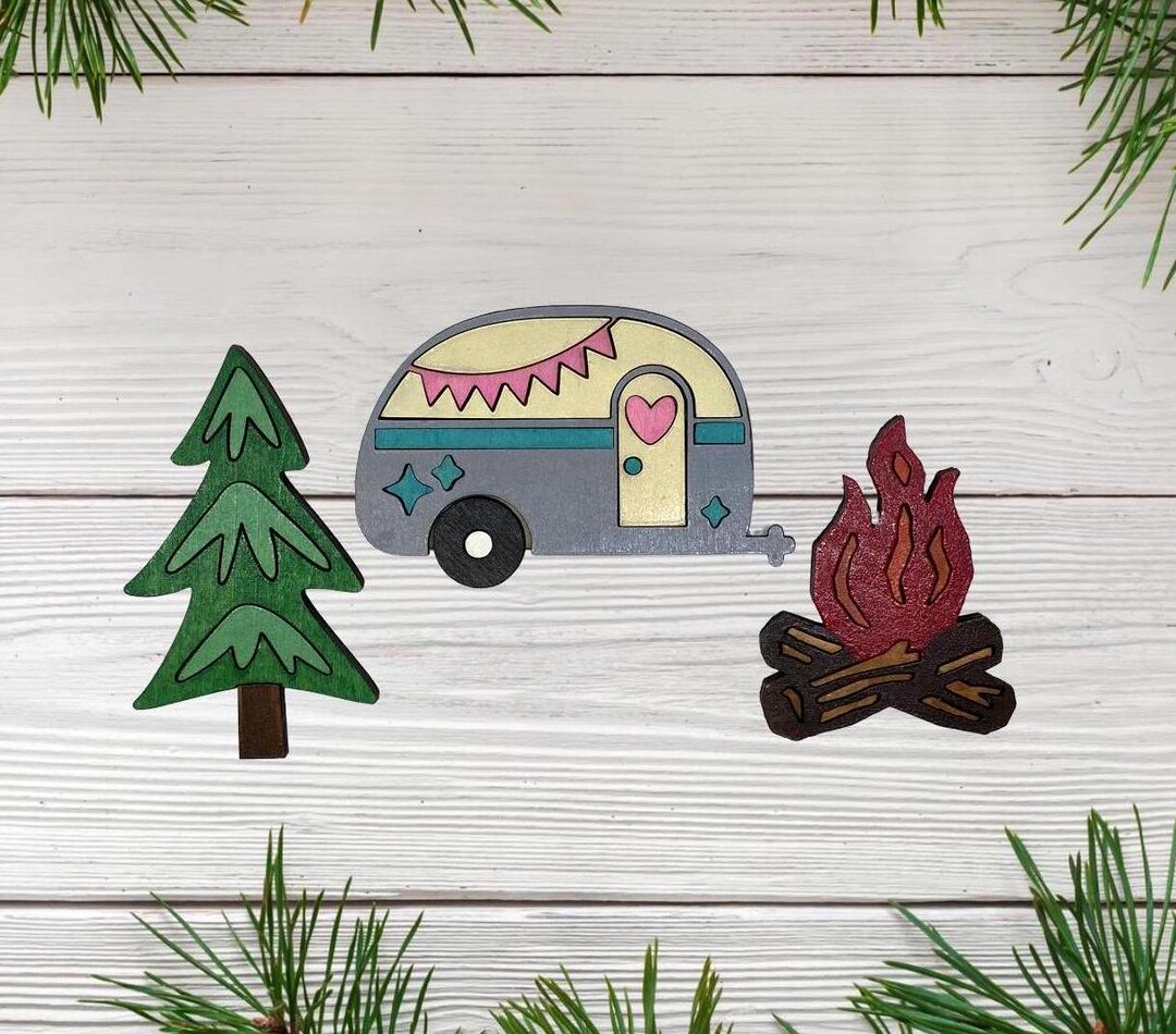 Wood Inlay Camping Fridge Magnets: Camper, Campfire, Pine Tree (set of ...