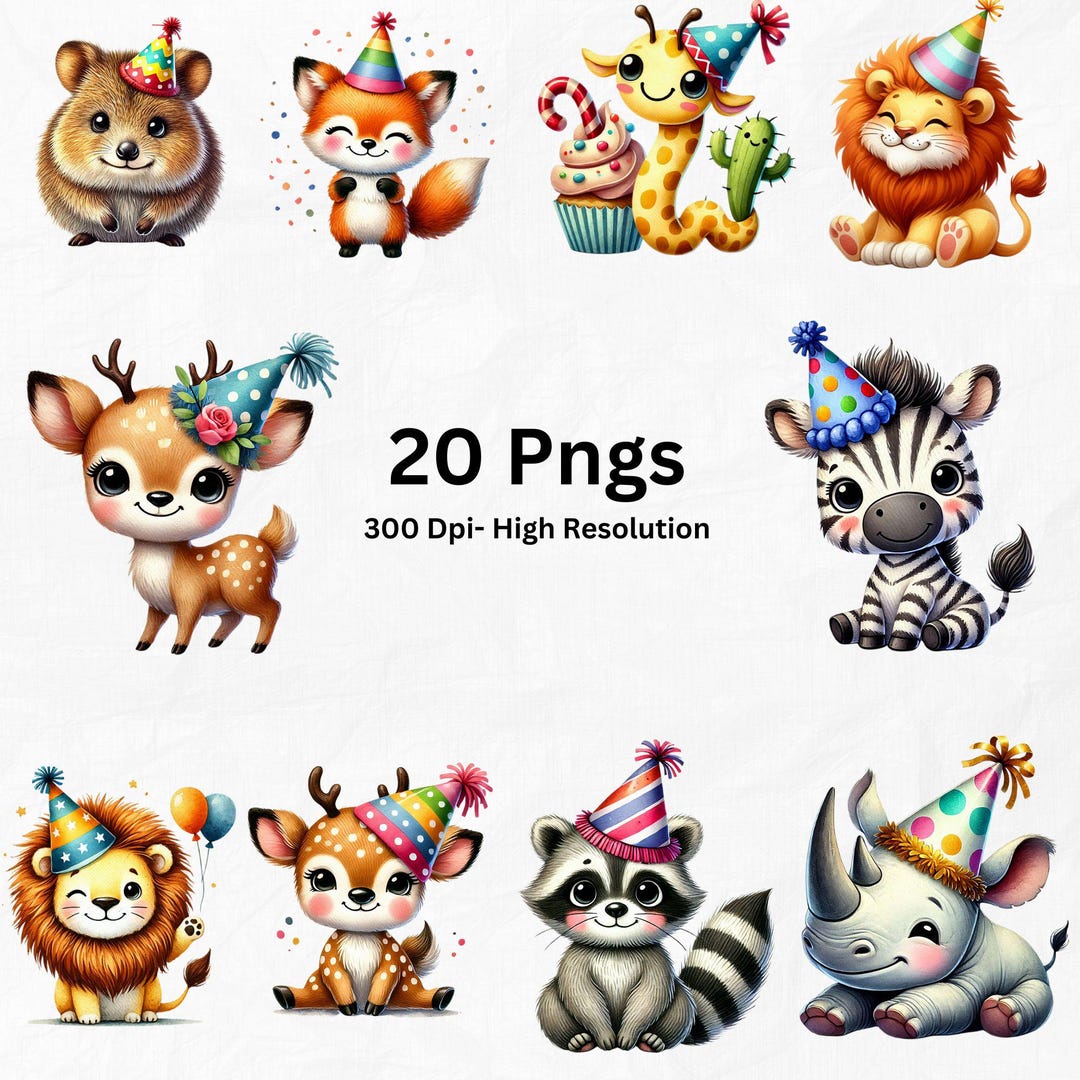 20 Cute Birthday Party Clipart, Watercolor Animal Clipart, Celebrate ...