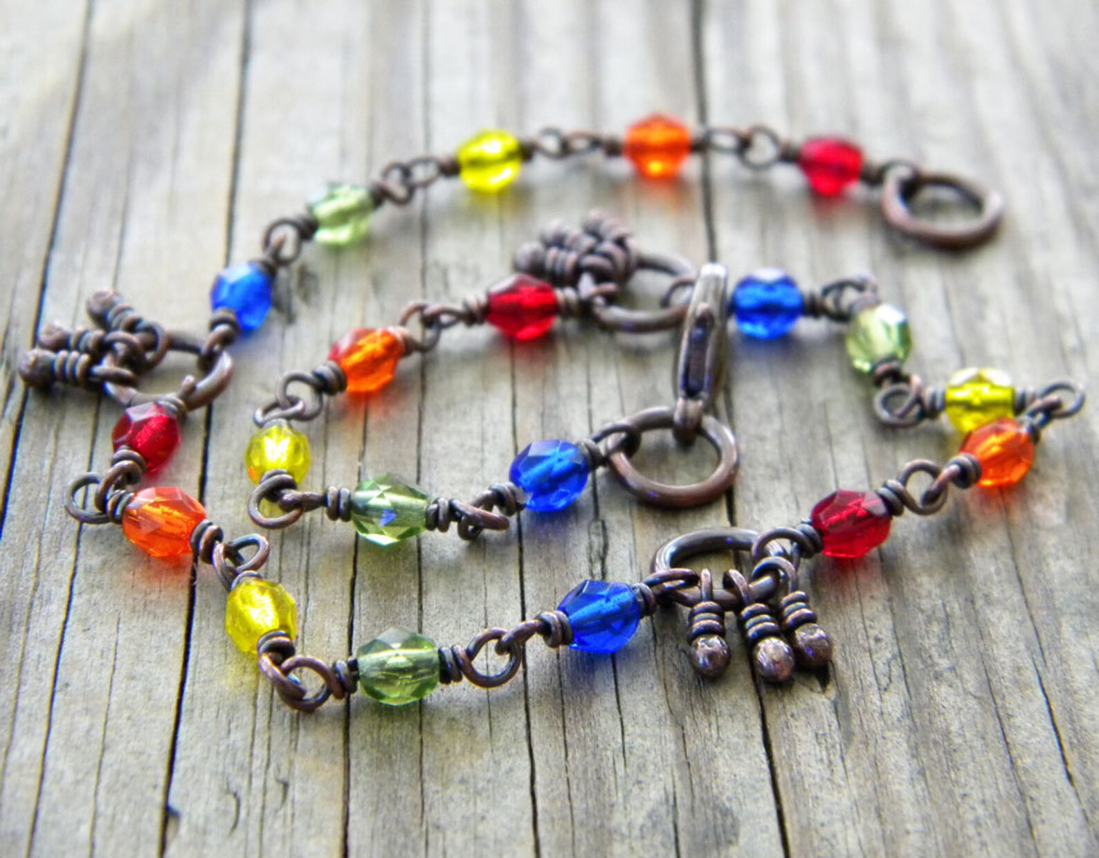 Rainbow Copper Ankle Bracelet Red Orange Yellow Green Blue Czech Glass ...