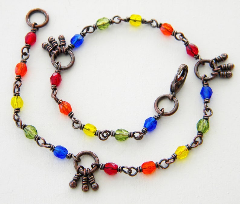 Rainbow Copper Ankle Bracelet Red Orange Yellow Green Blue Czech Glass ...