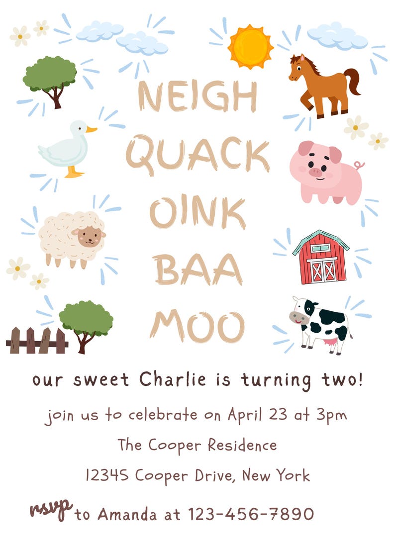 Farm Animal Birthday Party Invitation Template, Barn Animal Birthday ...