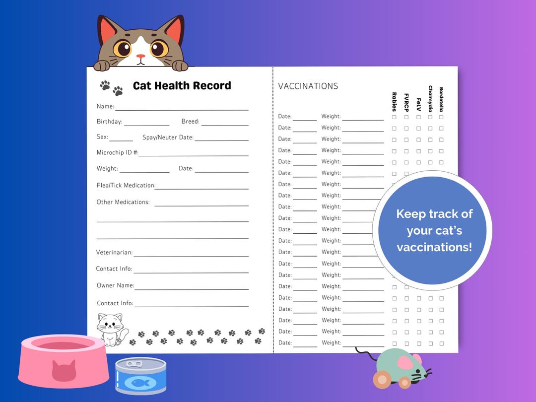 Cat Vaccination Tracker | Printable Cat Health Record | Pet Medical ...