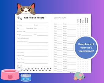 Cat Vaccination Tracker | Printable Cat Health Record | Pet Medical ...