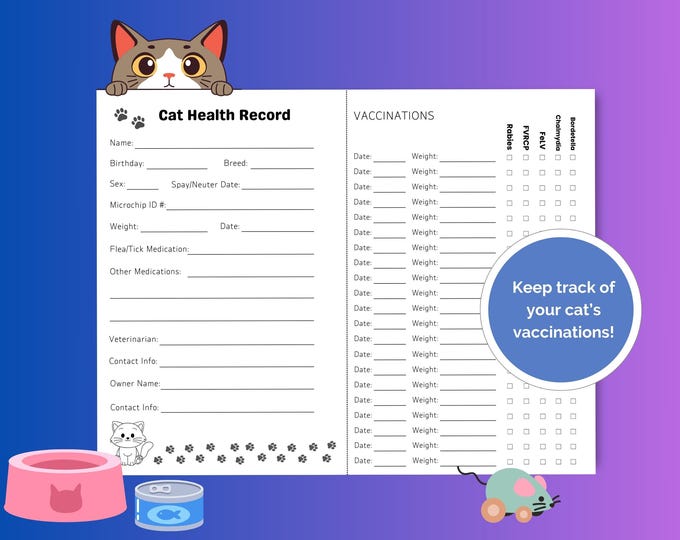 Cat Vaccination Tracker | Printable Cat Health Record | Pet Medical ...