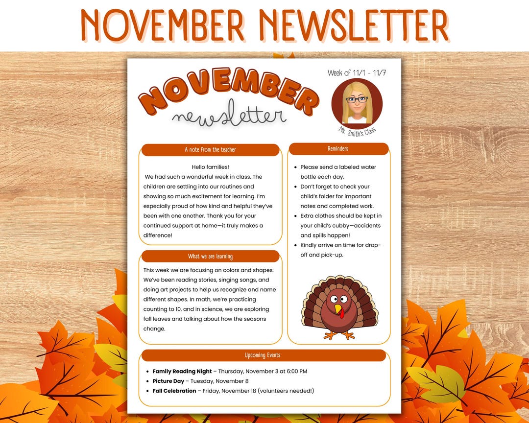 EDITABLE Weekly November Newsletter Template, Monthly Newsletter ...
