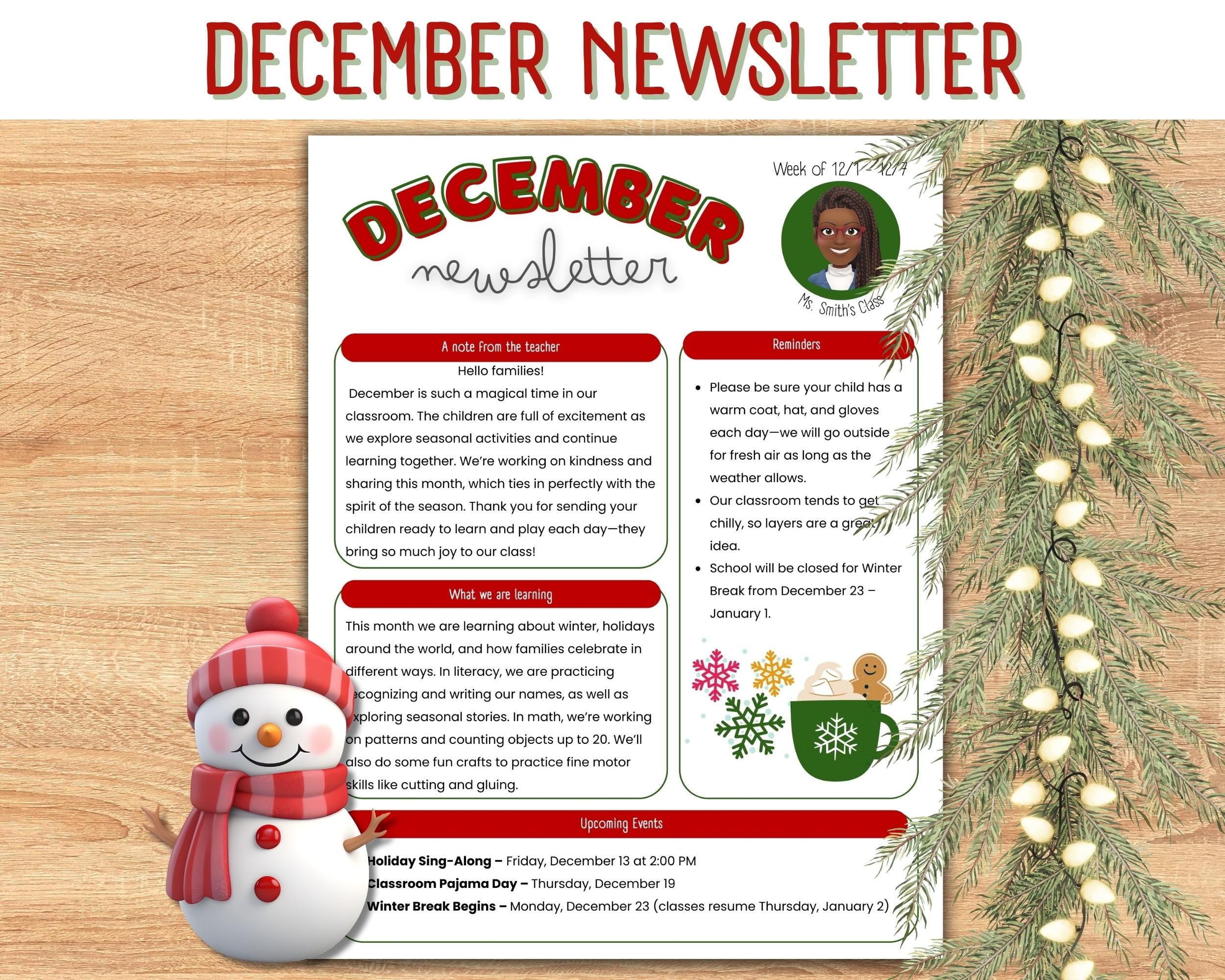 EDITABLE Weekly December Newsletter Template, Monthly Newsletter ...