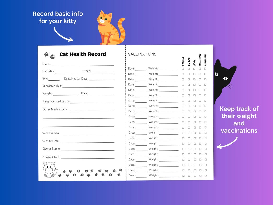 Cat Vaccination Tracker | Printable Cat Health Record | Pet Medical ...